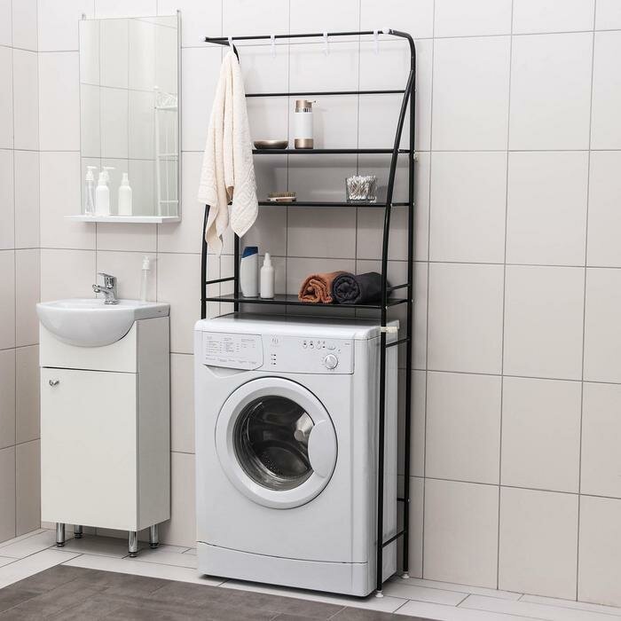 Стеллаж над стиральной машинкой со штангой для сушки, 66x25x175 см, цвет чёрный