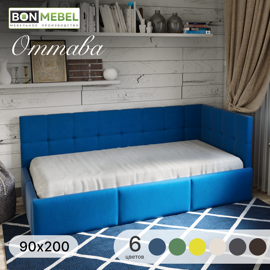 Кровать Оттава, BONMEBEL, ткань Ловерс синий, подъёмный механизм, ящик для хранения, 90х200см.