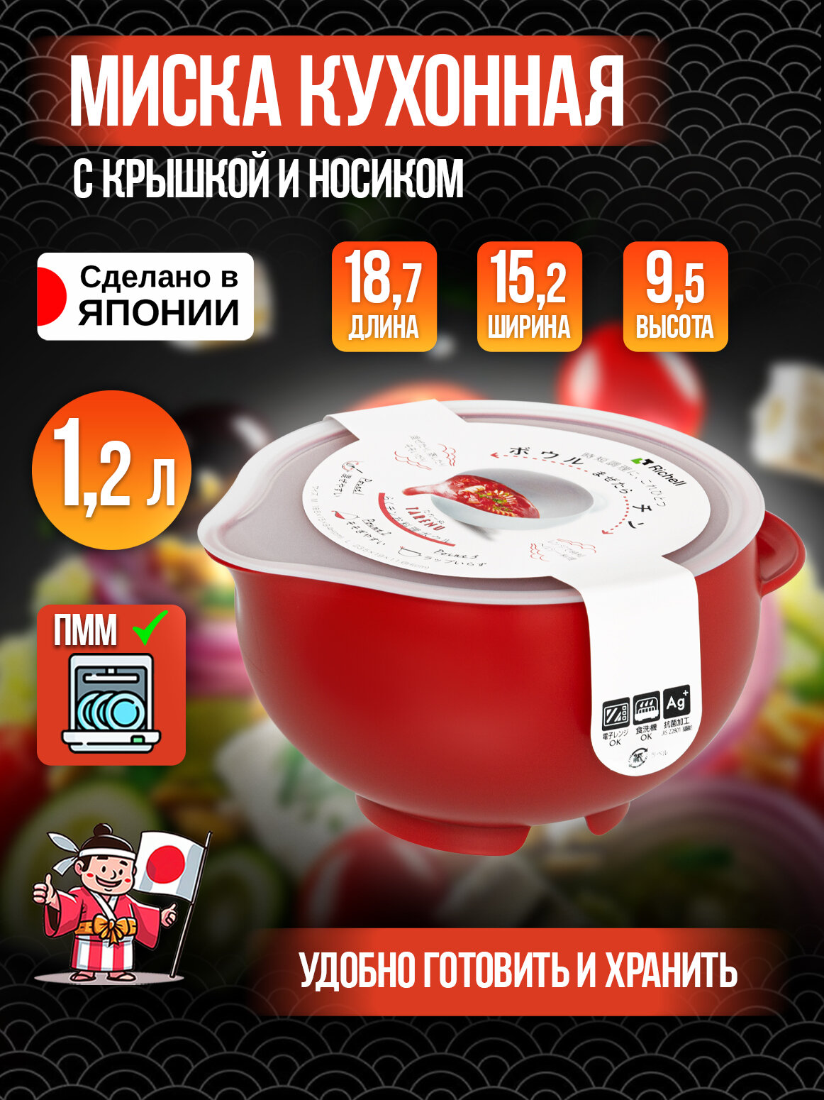 Миска кухонная с крышкой для миксера, блендера 1,2 л, 18,7х15,2х9,5 см
