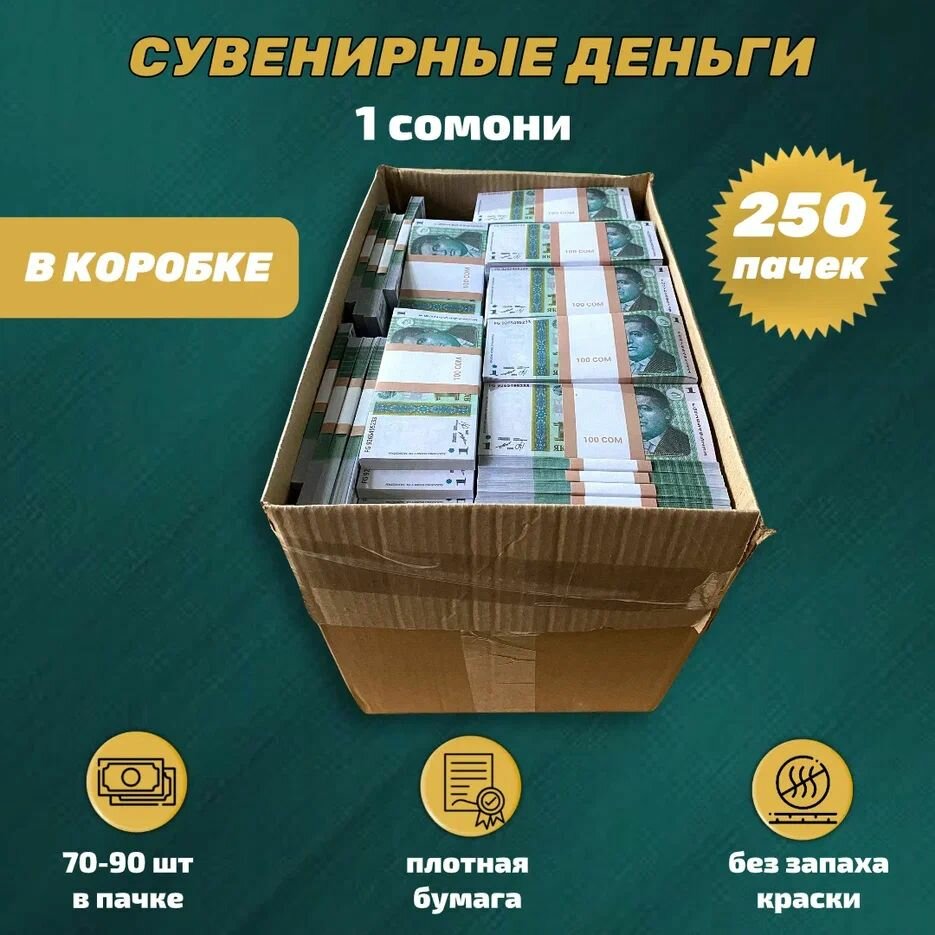 Сувенирные деньги фальшивые, игрушечные, фейковые купюры 1 таджикских сомони , коробка 250 пачек
