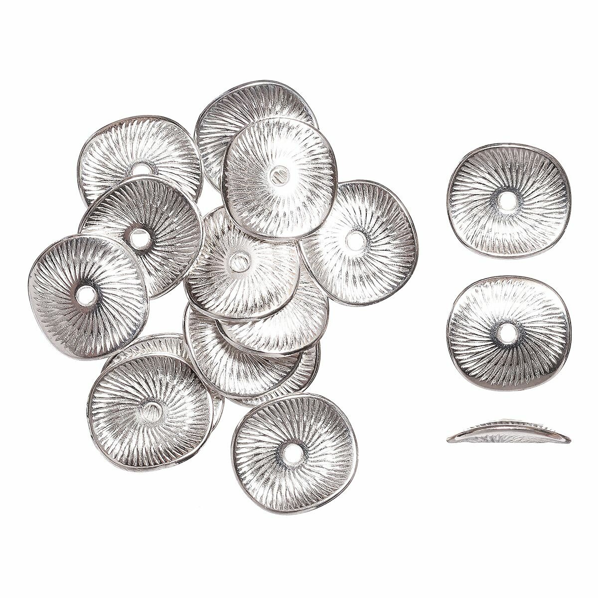 Бусина металлическая, 15х14х2мм, изогнутый диск с бороздками, базовый материал - цинковый сплав, серебристого цвета, 10 грамм
