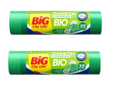 Пакеты для мусора BIG City с затяжками BIO 35л зеленые 15 шт 2 уп