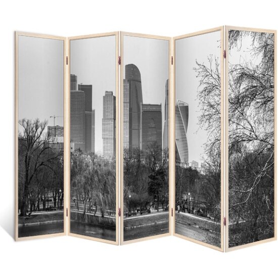 Ширма перегородка Декор Депо для комнаты деревянная "Далекий город" двухсторонняя с картинкой (города) 5 створок кремовый дуб 176х230 см 18 кг