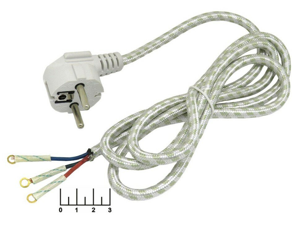 Шнур электрический с землей для утюга 1.8м (вилка угловая) + клеммы в оплетке