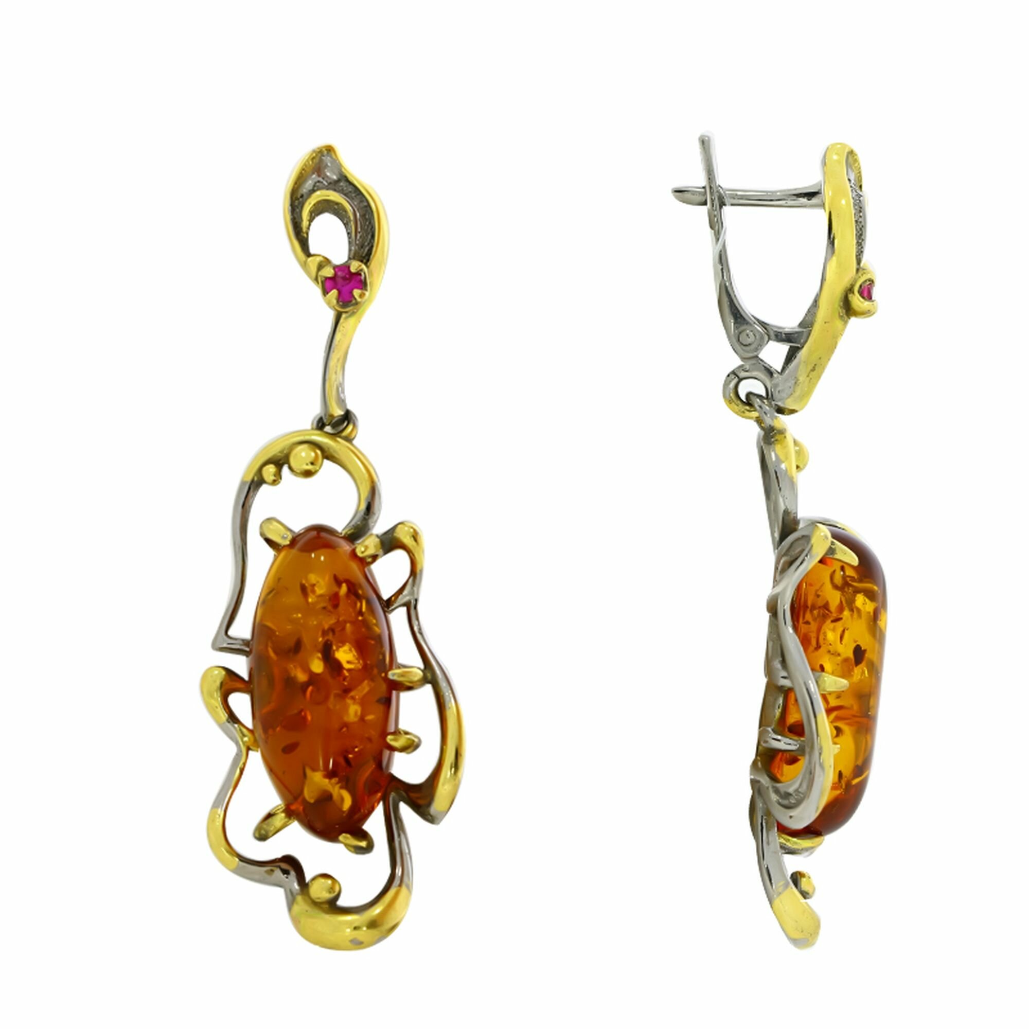 Серьги, серебро, 925 проба, золочение, янтарь, фианит