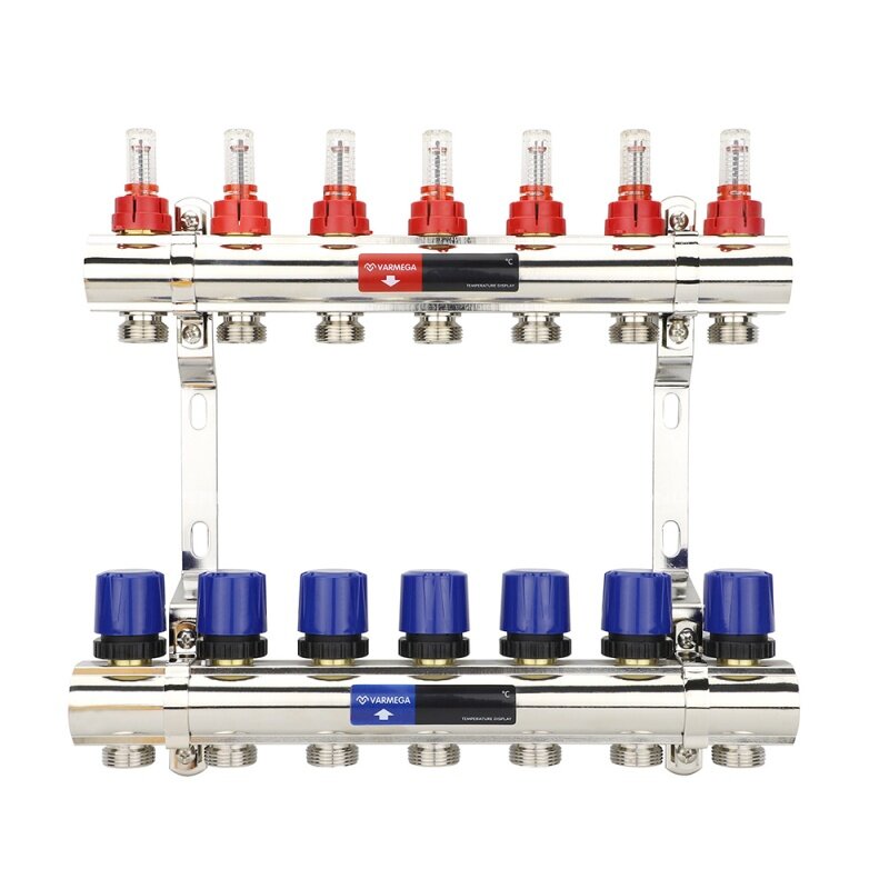 Varmega Коллектор С расходомерами без кранов латунь 1", 7 выходов x 3/4"EK (1/4)