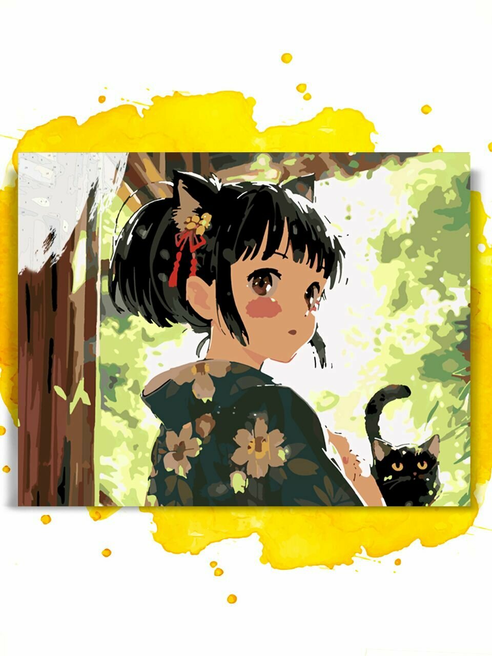 Картина по номерам на холсте Девочка кошка в кимоно, 30 х 40 см