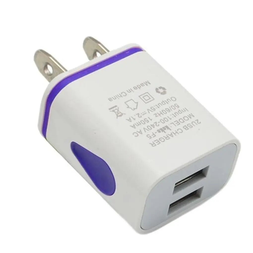 Сетевое зарядное устройство с двумя USB-портами, 2 А Фиолетовый, Blue US plug