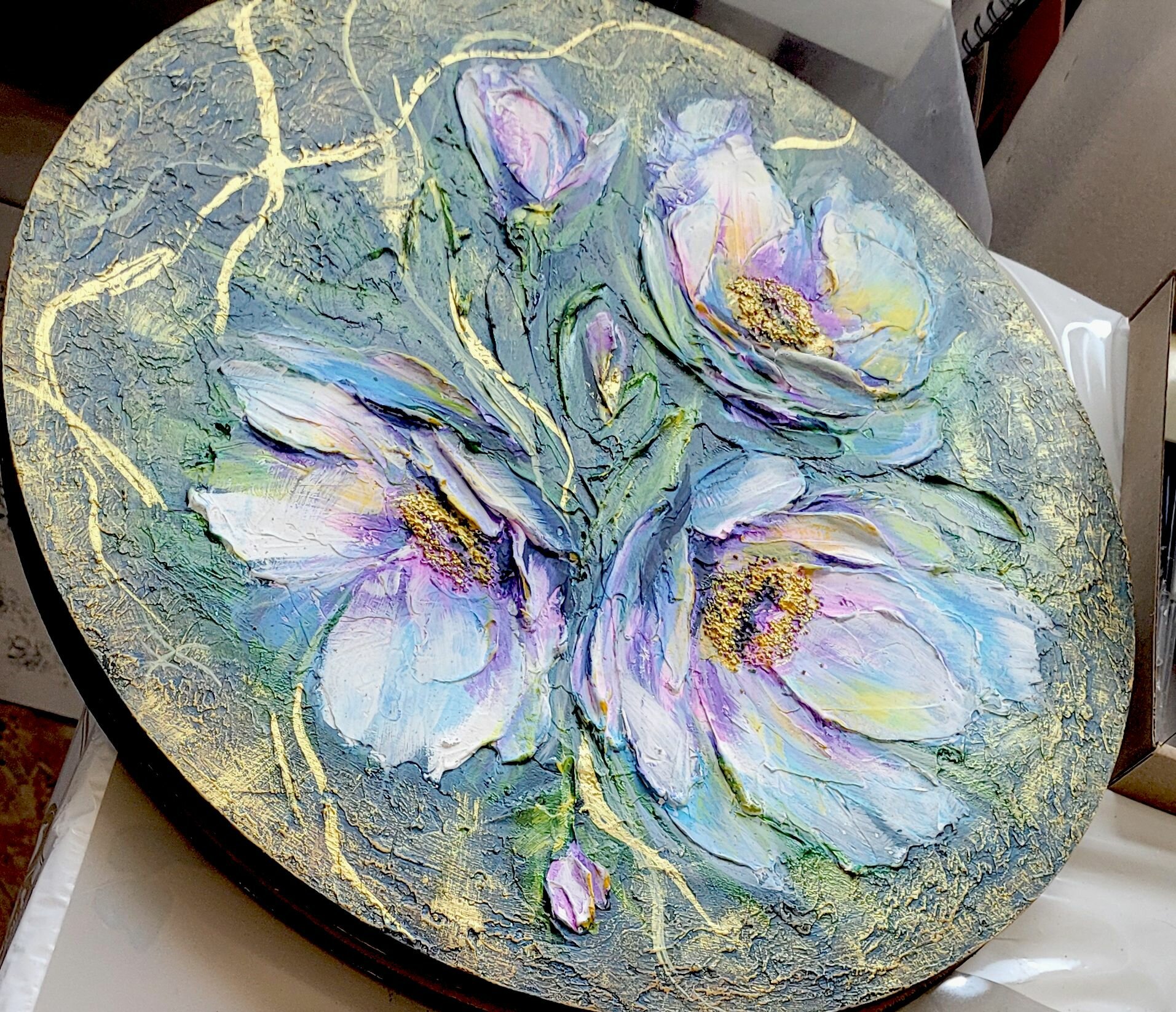 Картина авторская "Цветочная рапсодия", интерьерная, объемная. Абстракция, цветы. Ручная работа, реальная живопись. Артборд, акрил.