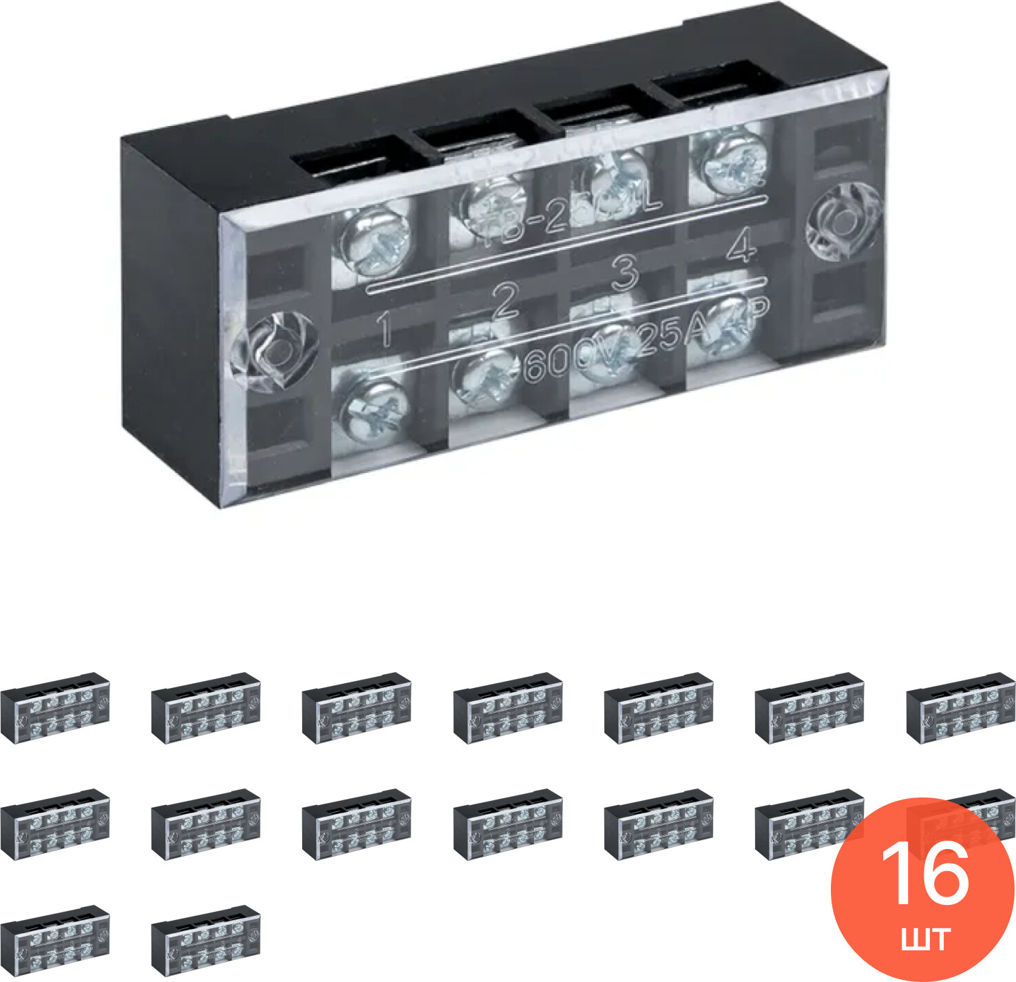Блок зажимов EKF / ЕКФ PROxima TB-2504, в корпусе из пластика, черный, 2.5мм2, 25А, 4 пары контактов / электрика (комплект из 16 шт)