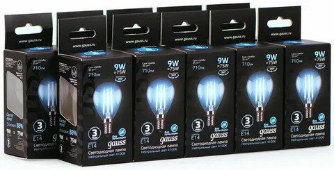 Лампа светодиодная Gauss Filament 7Вт цок: E14 шар 220B св. свеч. бел. нейт. P45 (упак:10шт) (10580120