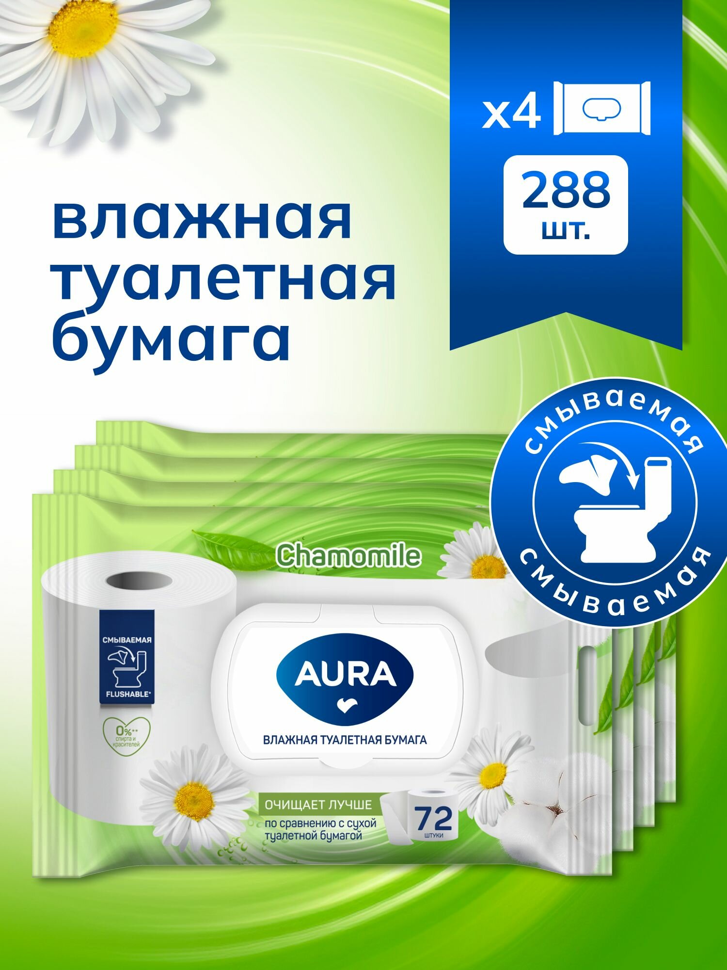 Влажная туалетная бумага смываемая с крышкой 288 шт (72 шт х 4), AURA