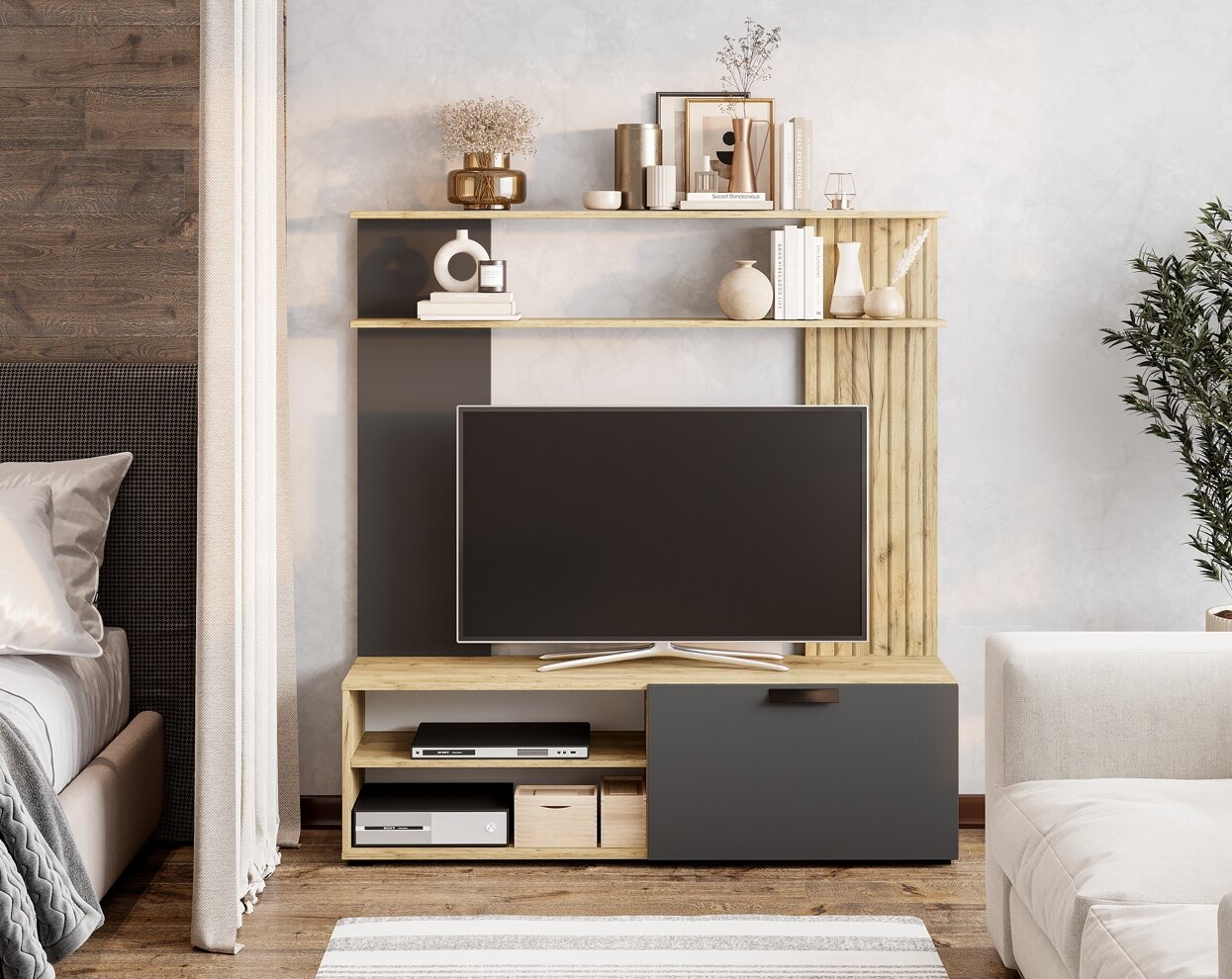 Стенка в гостиную под телевизор БТС Мебель Мишель 1 ГС-05 в современном стиле, цвет дуб крафт/графит серый