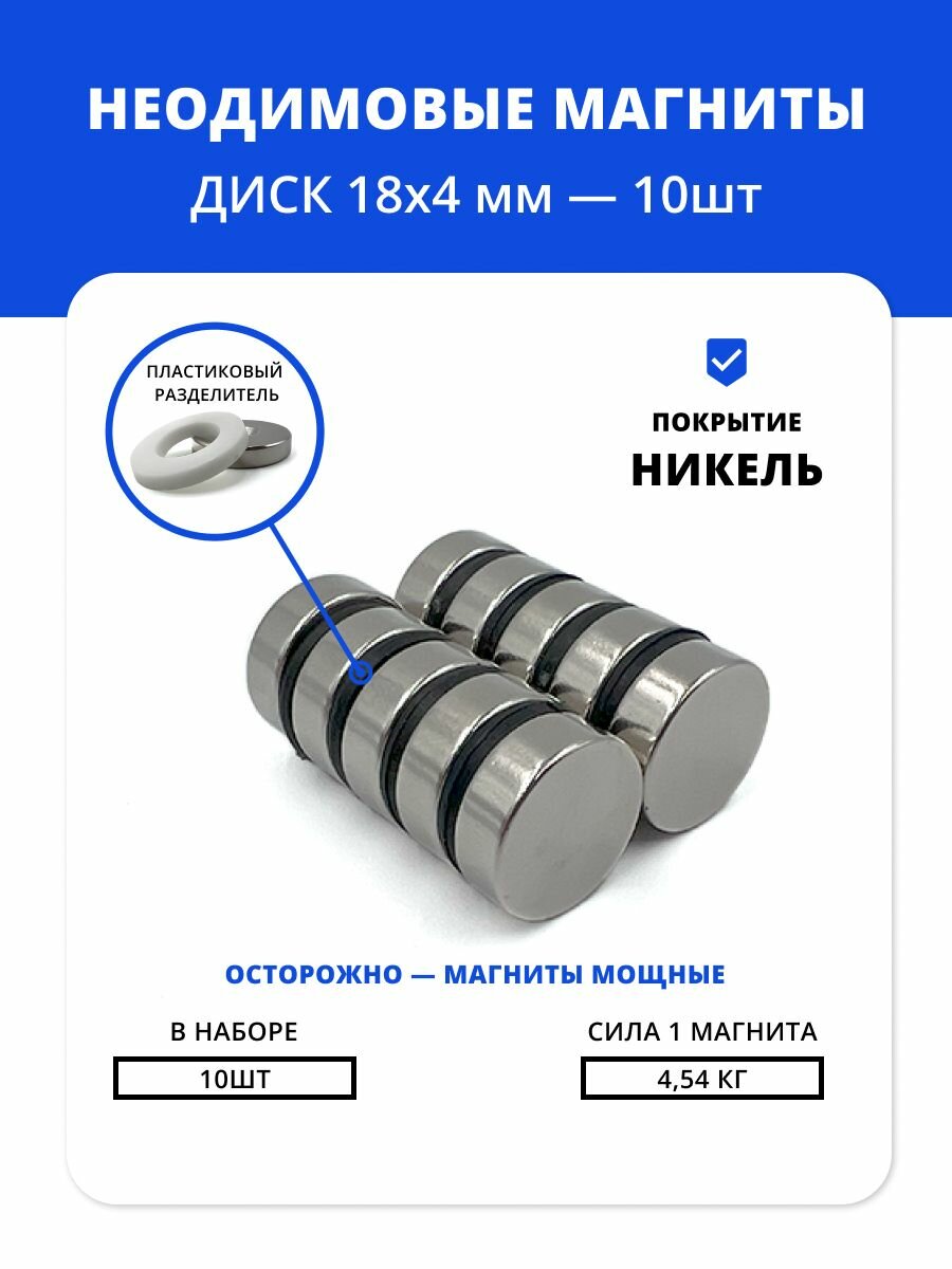 Неодимовые магниты 18х4 мм для лючков и креплений, набор 10 шт.