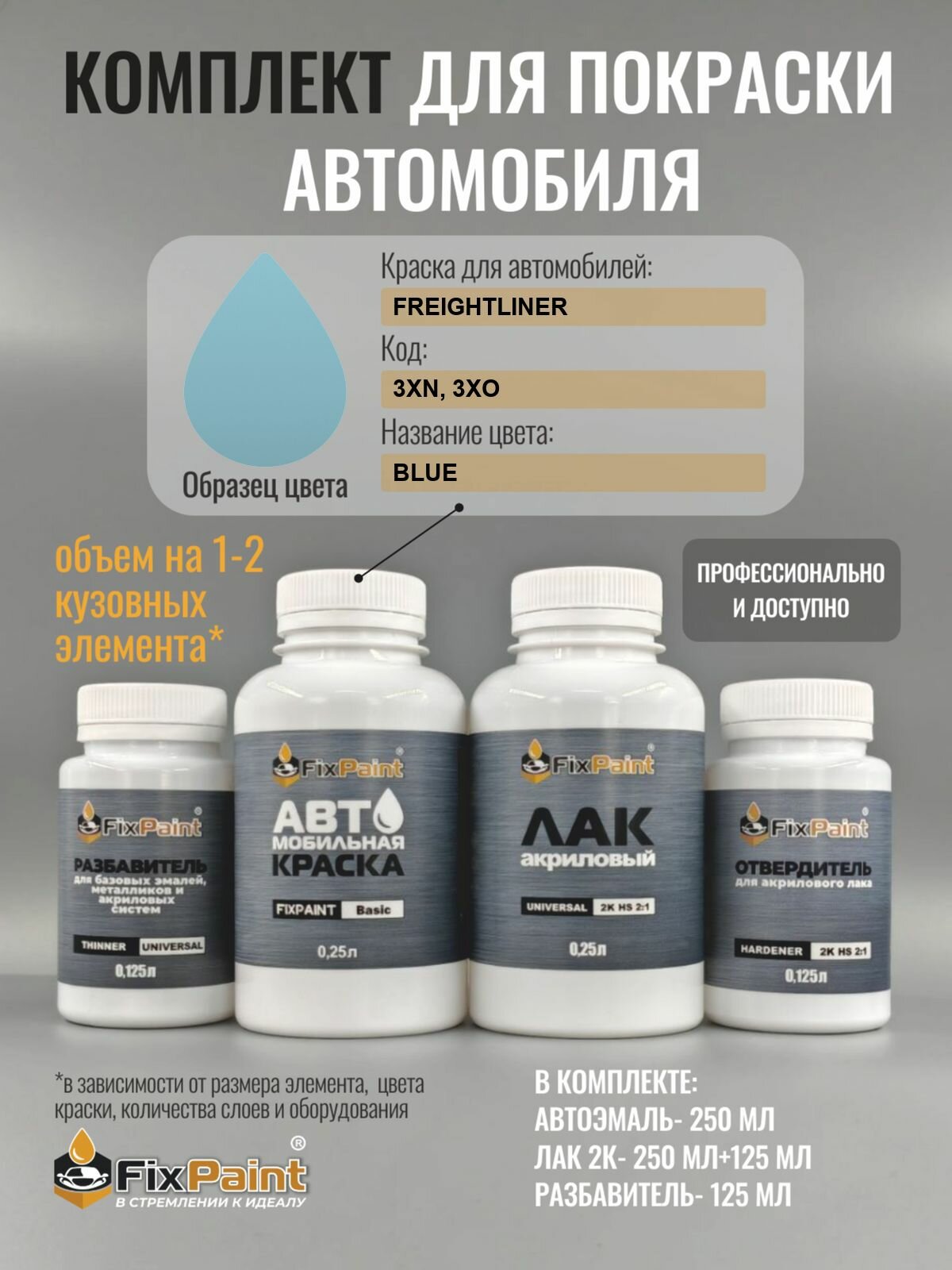 Комплект для покраски FREIGHTLINER, код 3XN, 3XO, BLUE, базовая автомобильная эмаль 250 мл, лак 2K 250 мл с отвердителем, разбавитель 125 мл, FixPaint Pro