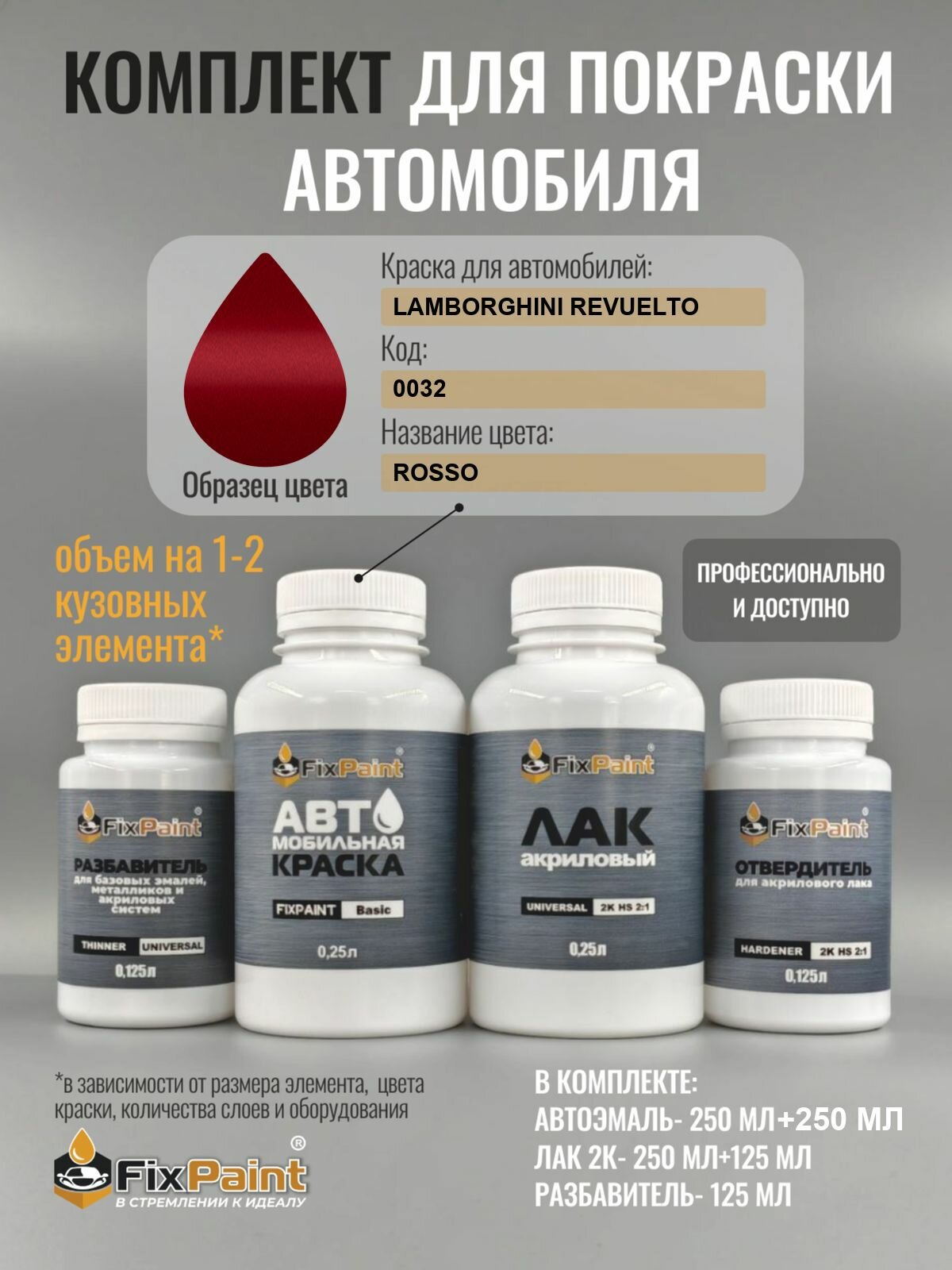 Комплект для покраски LAMBORGHINI REVUELTO, код 0032, Трехслойная ROSSO, базовая автомобильная краска 500 мл, лак 2K 250 мл с отвердителем, разбавитель 125 мл, FixPaint Pro