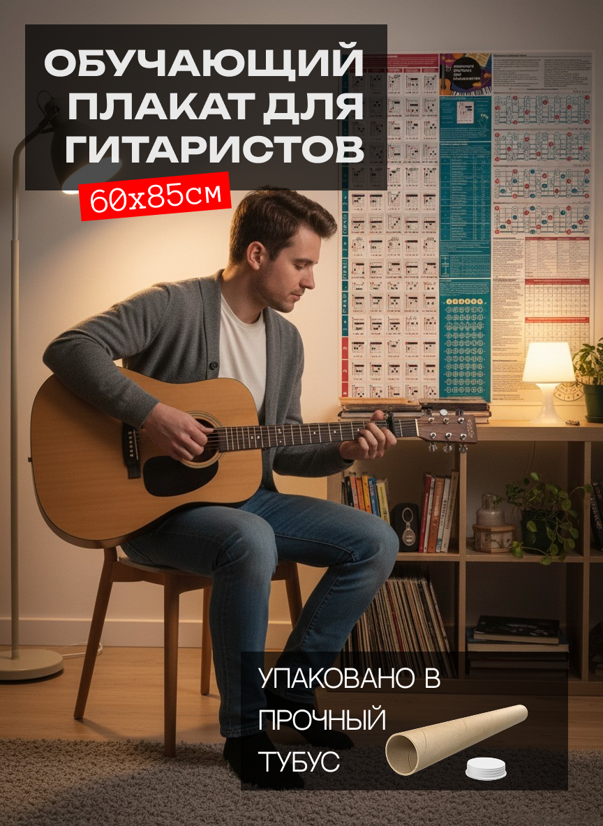 Плакат А1 для гитариста гитара: аккорды ноты гаммы теория круг квинт