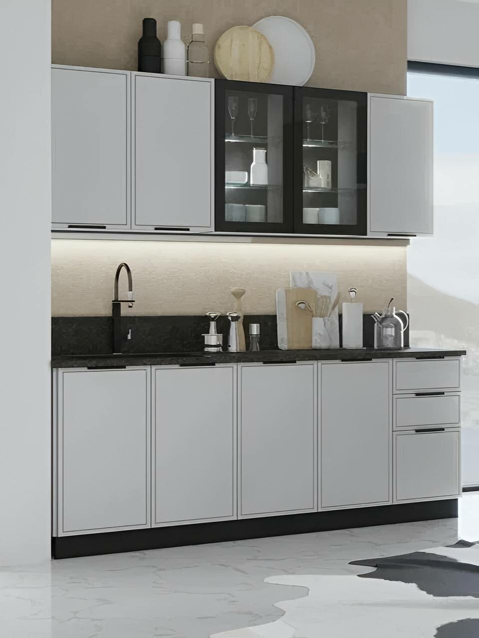 Кухонный гарнитур Николь 2м холст белый/корпус графит со столешницей миф