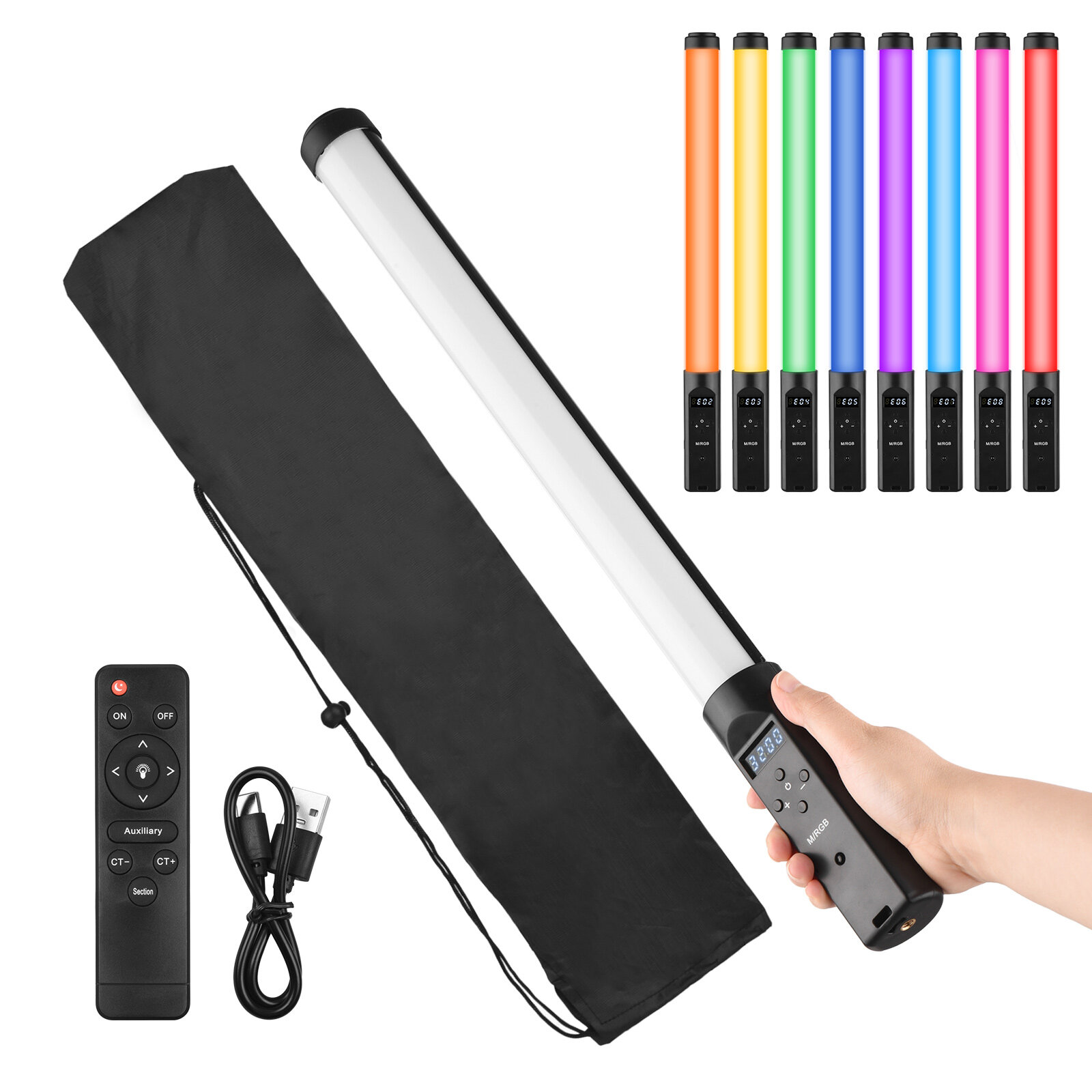 Ручной RGB-трубчатый светодиодный видеосветильник 3200K-5500K, регулируемая яркость, 9 цветных эффектов освещения, встроенная батарея с дистанционным управлением для влогов, прямых трансляций и портретной фотографии.