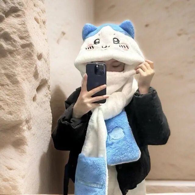 Мягкий и теплый шарф с милым рисунком из аниме «Цяньчуань», зимняя теплая флисовая шапка с милыми мультяшными перчатками, милый подарок для детей