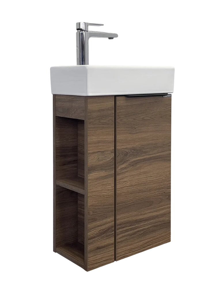 Тумба с раковиной Comforty Матэ 40 подвесная, 41, 5 см, светлое дерево, матовая, с ящиками, раковина для ванной фарфоровая, прямоугольная