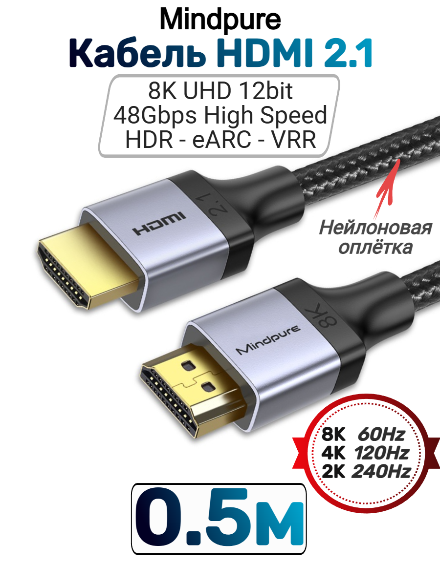 Кабель Mindpure HDMI - HDMI 2.1 8k 60Hz, 4k 120Hz, HDR, eARC, Тканевая оплетка HD009 0.5м.