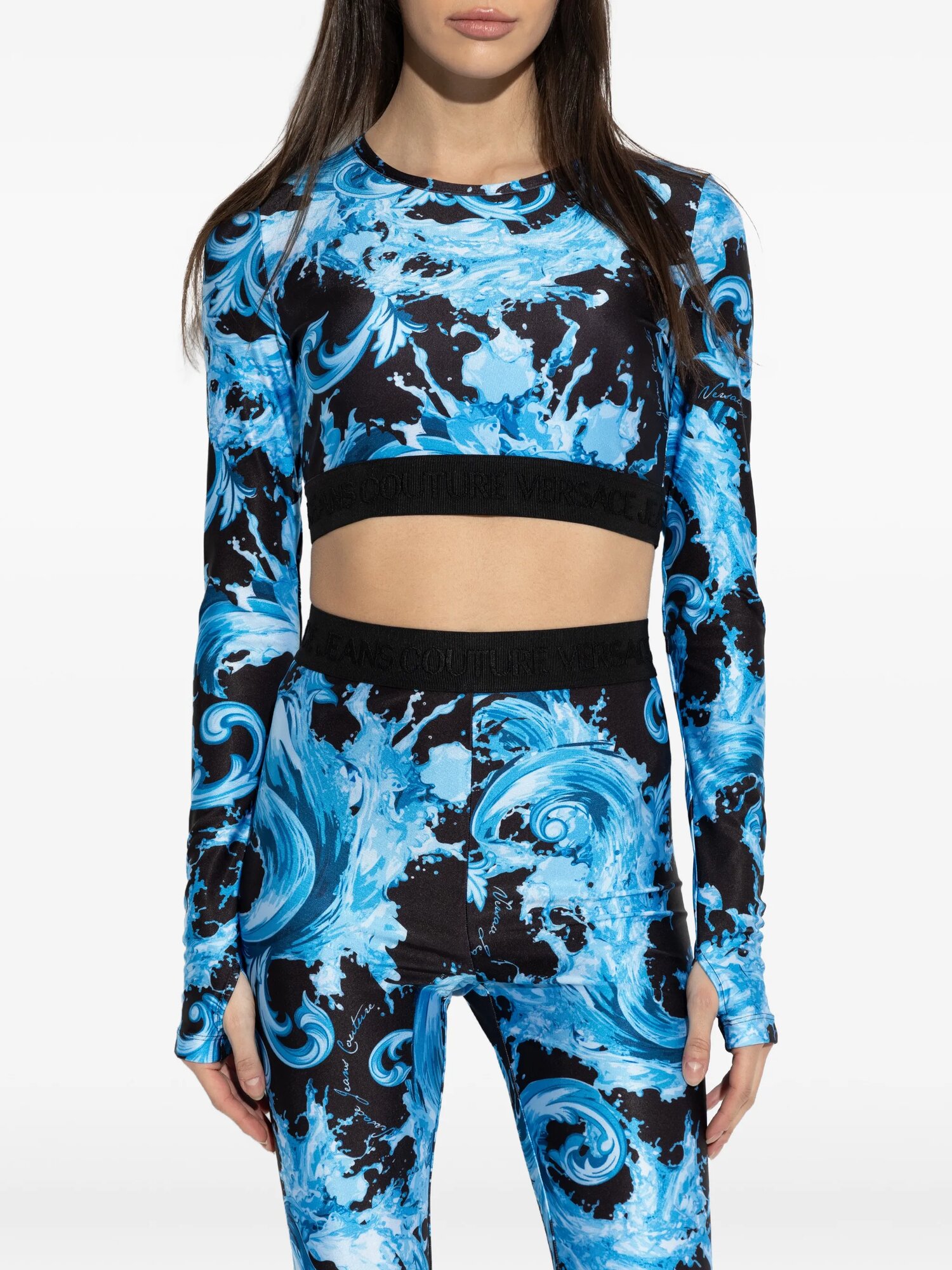 Топ Versace Jeans Couture Printed long-sleeves crop top, размер 38, синий — фото 1