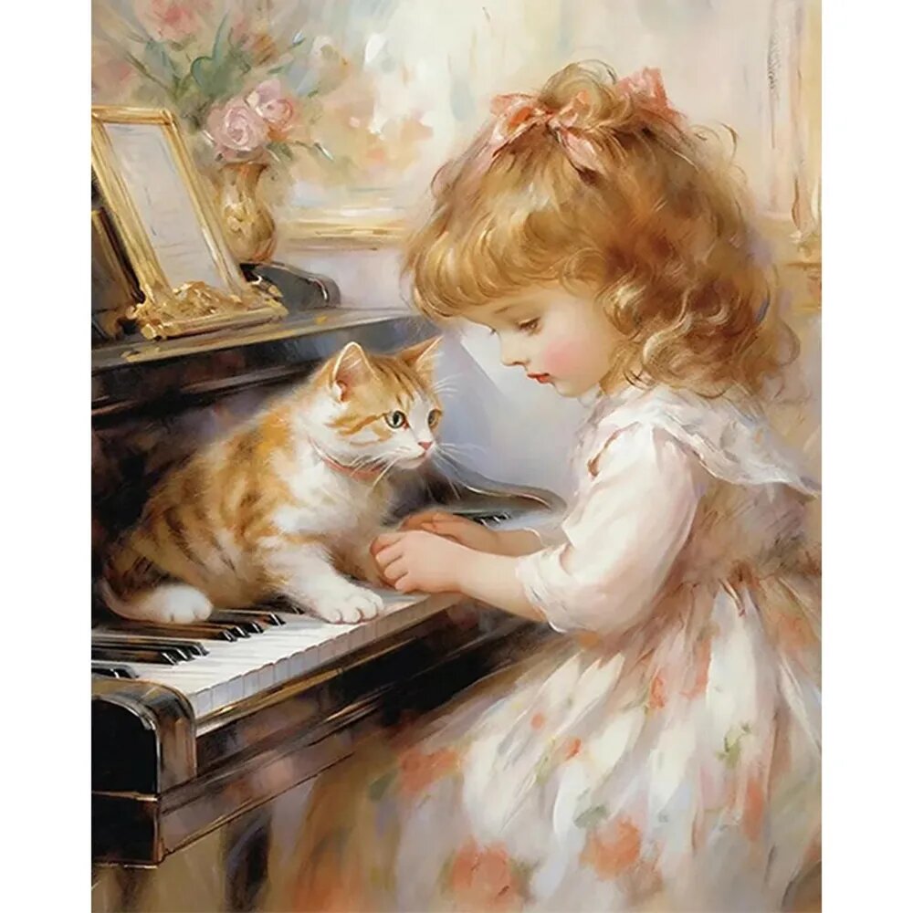 Цифровая живопись Девушка у рояля на холсте, 40 50 см, без рамки