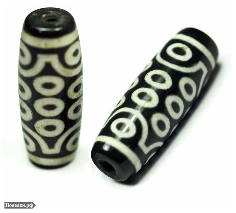 Бусина Дзи натуральный камень Агат черный с белым 18-глазая 0010842 цилиндр 30x12 мм, цена за 1 шт.