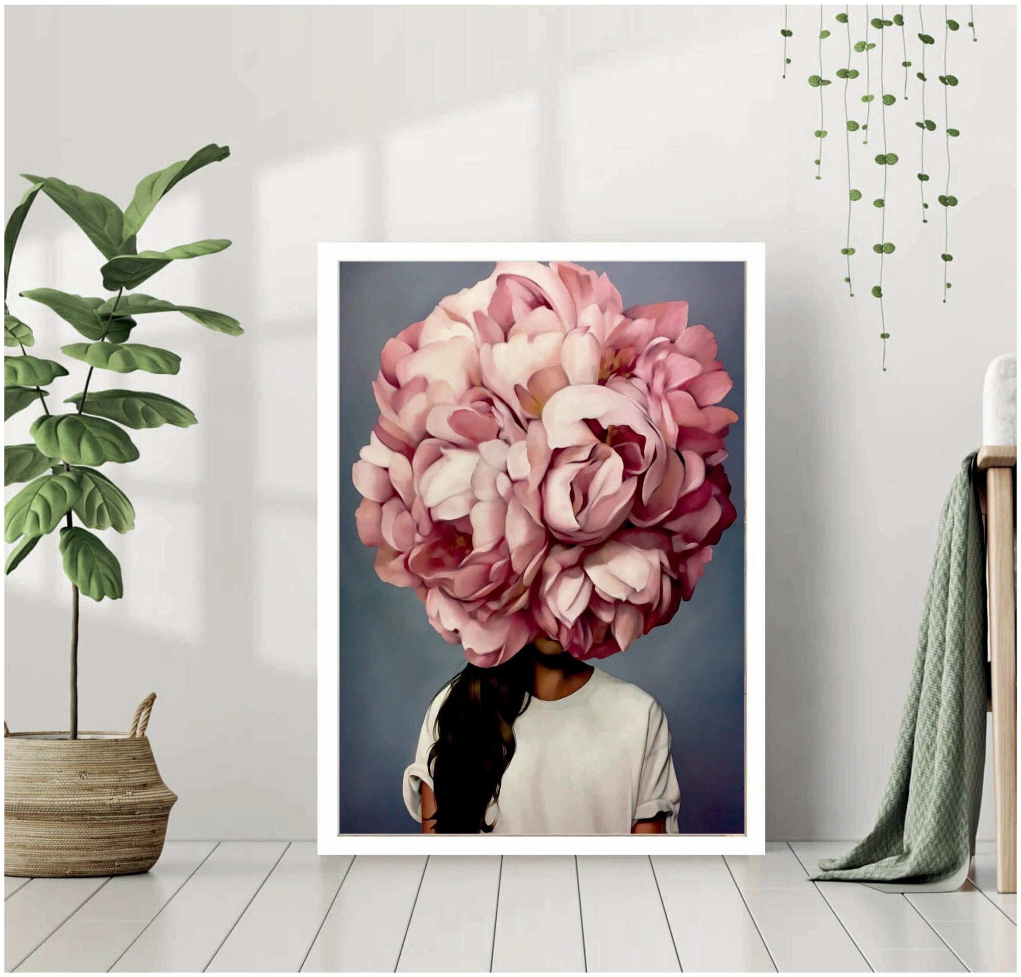 Постер "Девушка с пионами без лица, Эми Джадд" в белой рамке 40х50 см для интерьера на стену