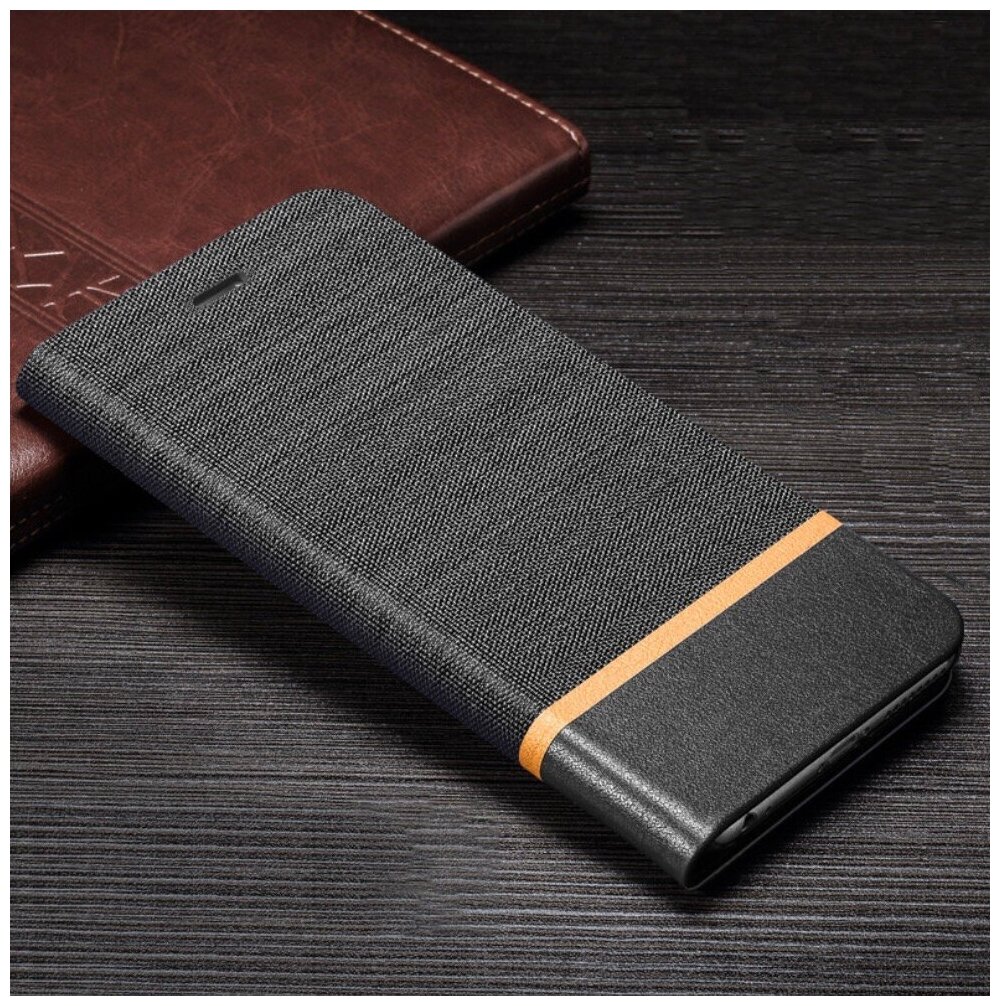 Чехол-книжка MyPads Con Striscia для Huawei P10 из водоотталкивающей ткани под джинсу с золотой полосой и вставкой под кожу черный