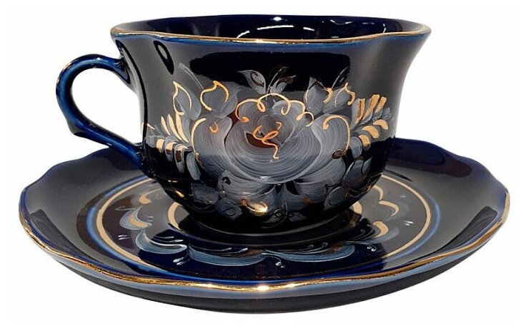 Чайная пара "Лютик" (Гжель) 150мл, кобальт, краски, золото