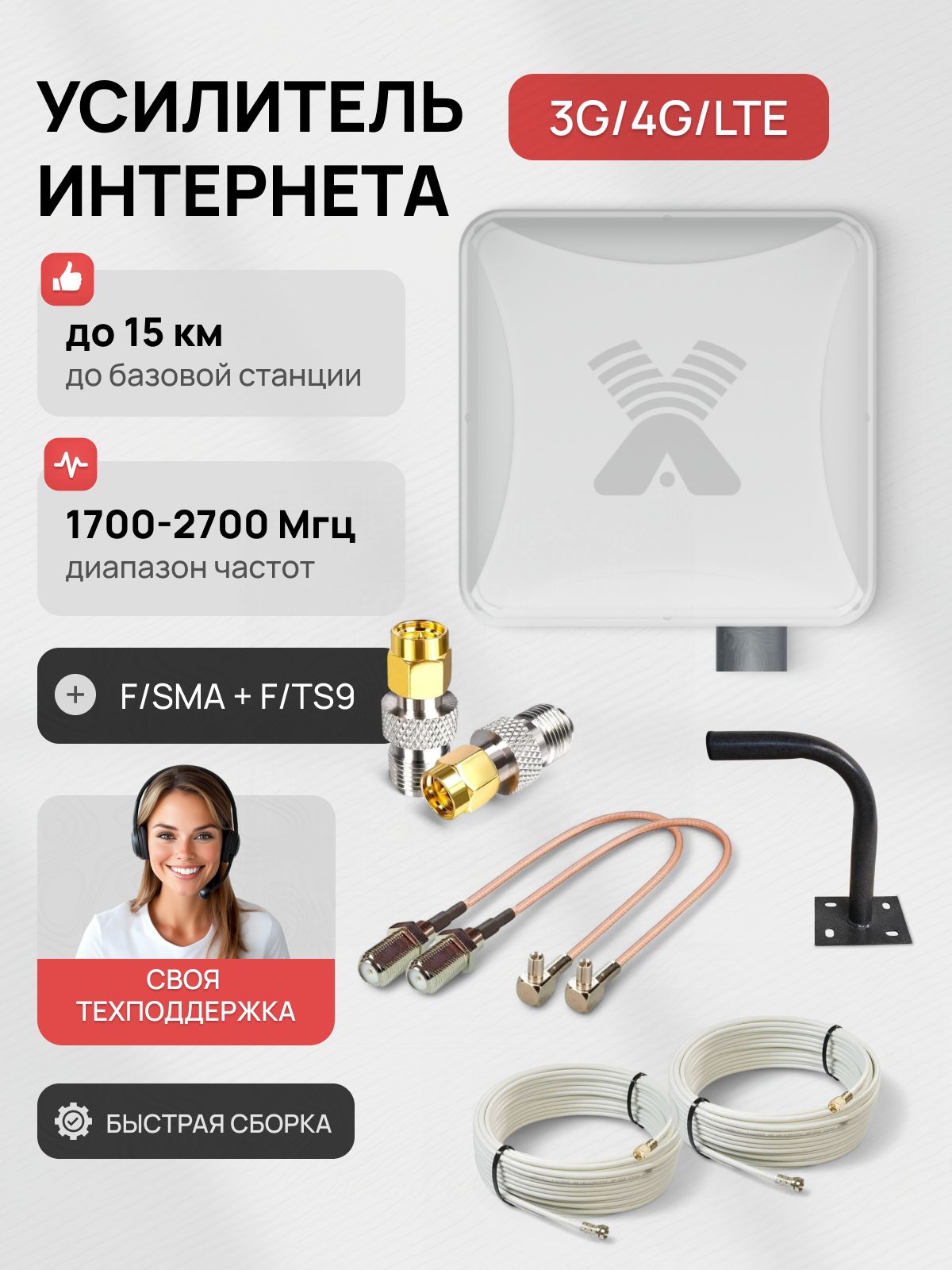 Антенна для модема 4g и роутера 4g Antex Petra BB MIMO 2*2 15f, усилитель сотовой связи и интернета, переходники SMA-F, пигтейлы TS9. Антенна для сотового сигнала.