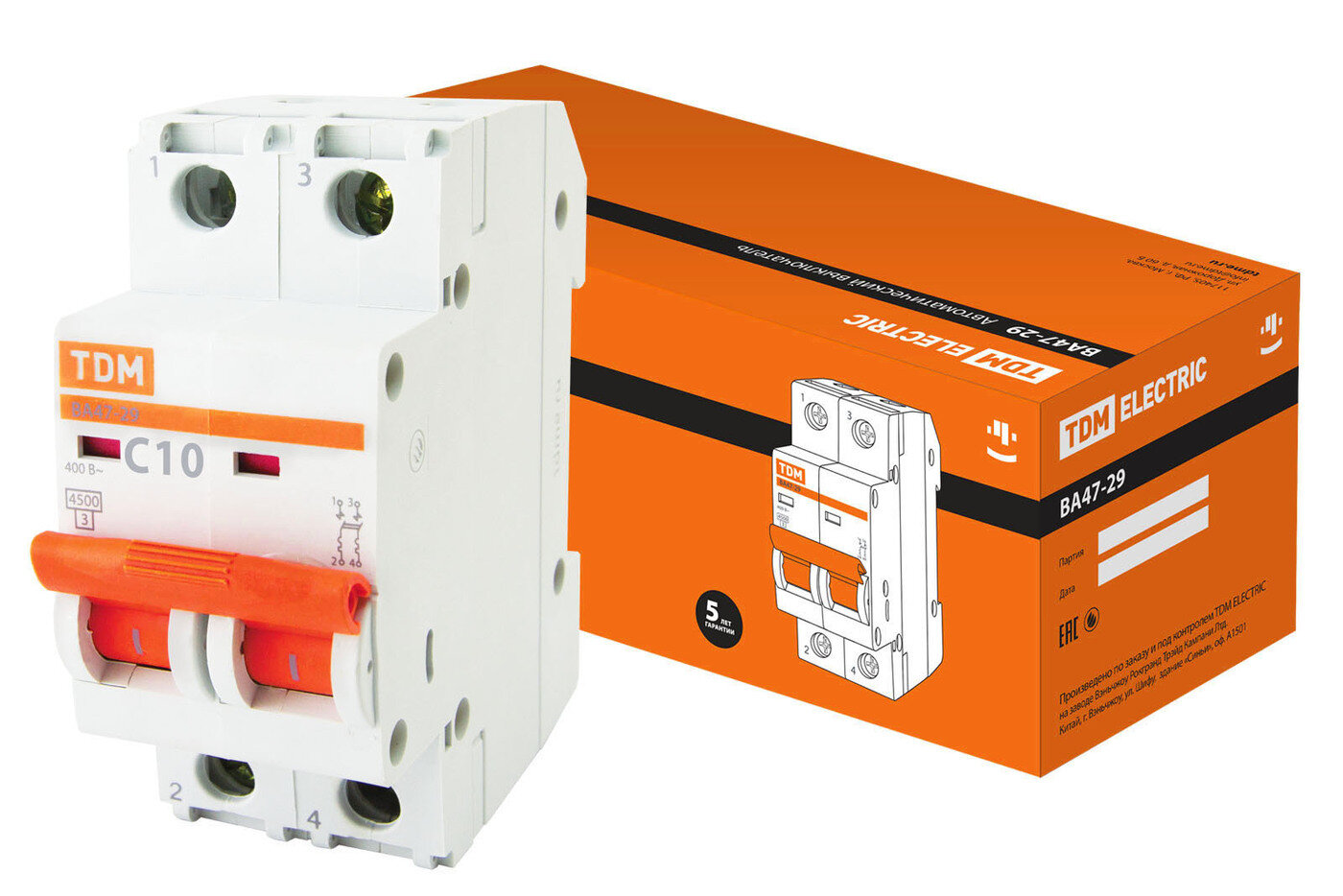 Автоматический выключатель ВА47-29 2Р 10А 4,5 кА тип С TDM Electric