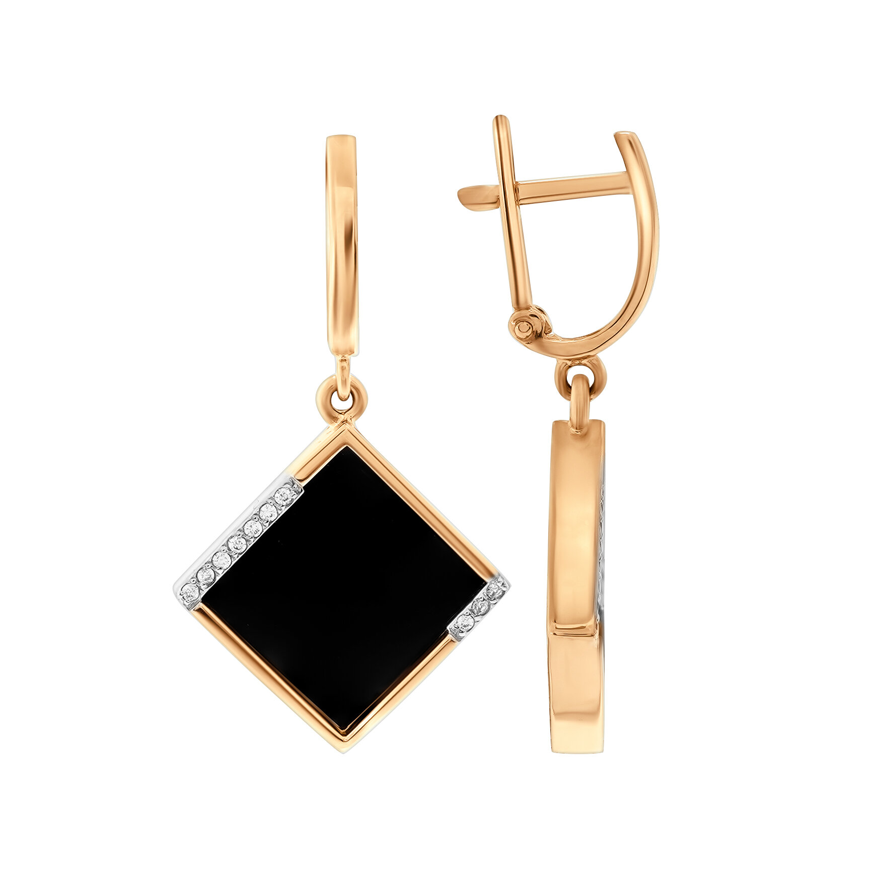 Серьги, золото, 585 проба, фианит, оникс