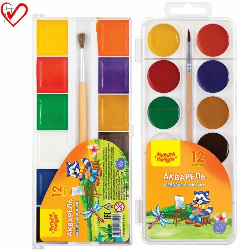 Акварель Мульти-Пульти "Приключения Енота", медовая, 12 цветов, с кистью, пластик