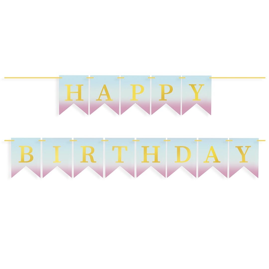 Гирлянда Флажки, Happy Birthday, Нежный градиент, Металлик, 500 см, 16*12 см, 1 упак.