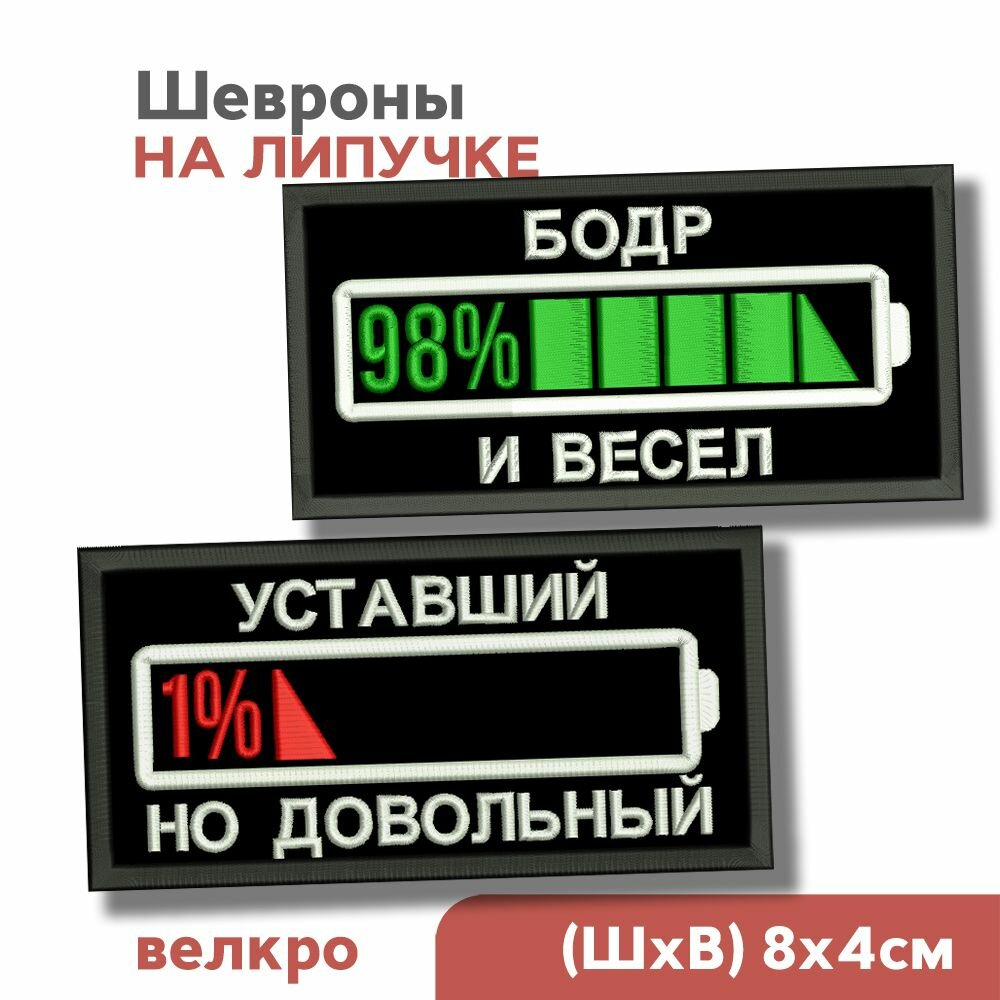 Набор: Шеврон на липучке, мэм, нашивка на одежду "Бодрый и веселый. Уставший, но довольный", до 8см