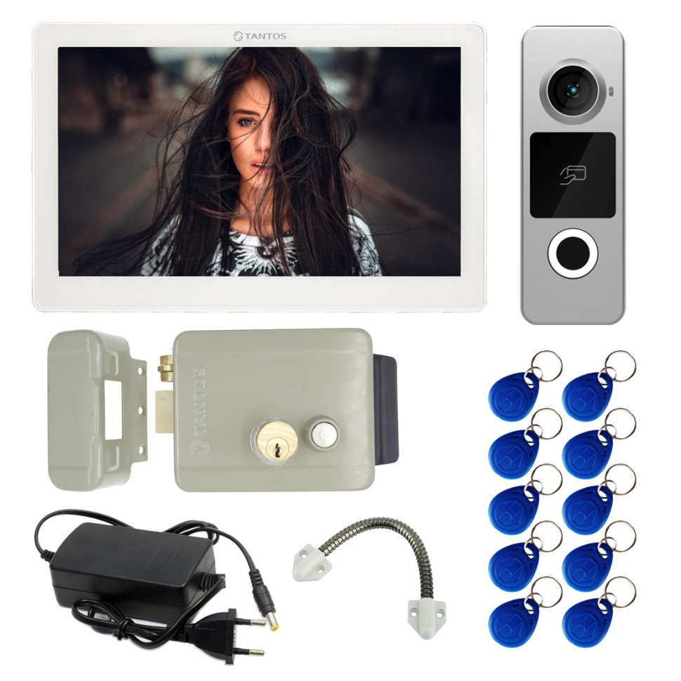 Видеодомофон Tantos NEO HD SE Tuya WiFi (белый) комплект с электромеханическим замком на калитку / iLexa HD EM никель