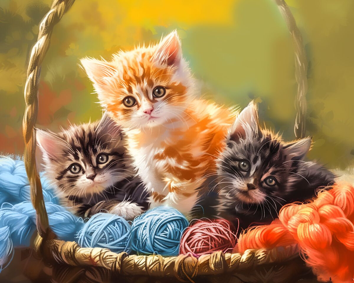 Картина по номерам котята в корзине 40х50