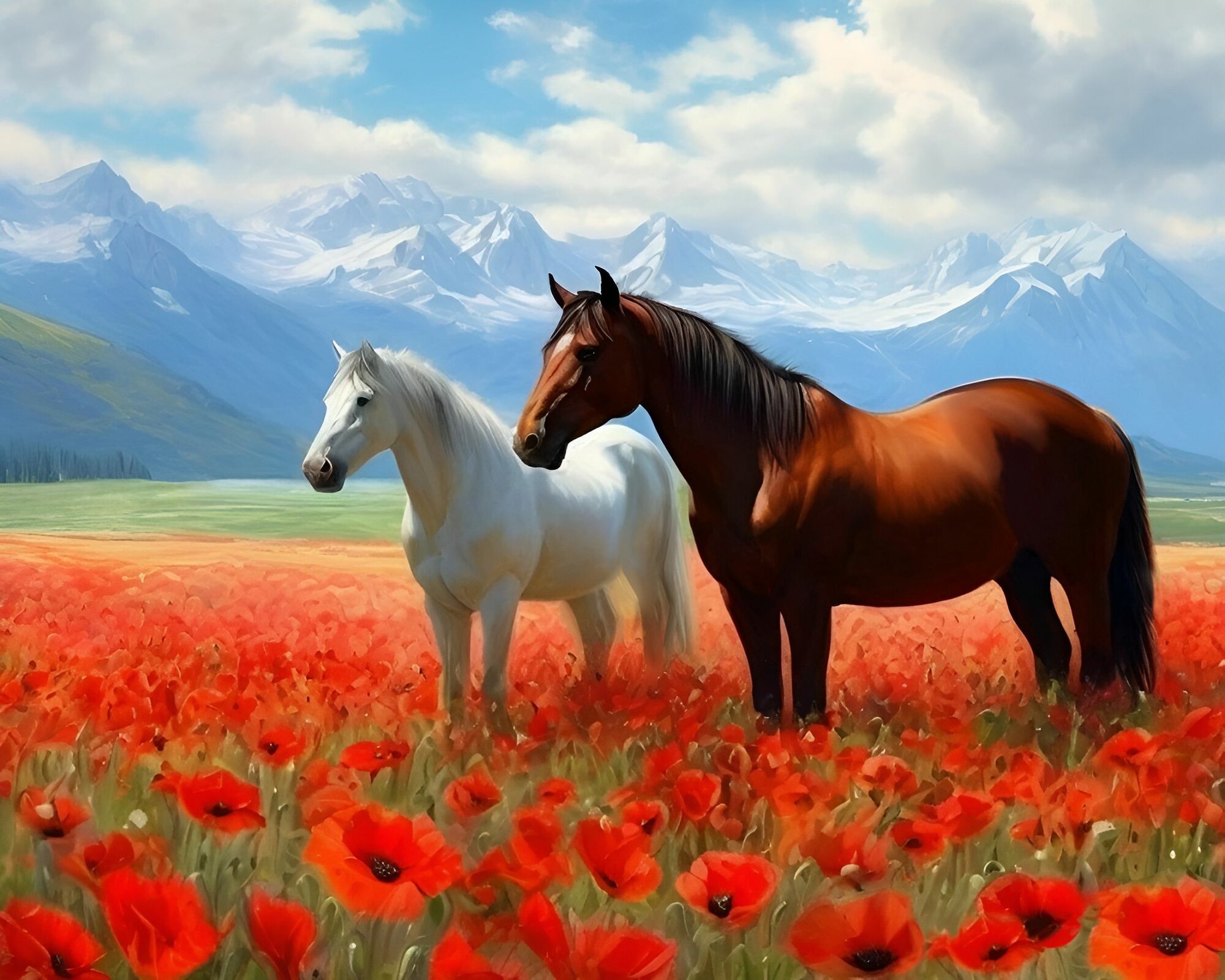 Картина по номерам на подрамнике 40*50 см "Лошади на маковом поле"