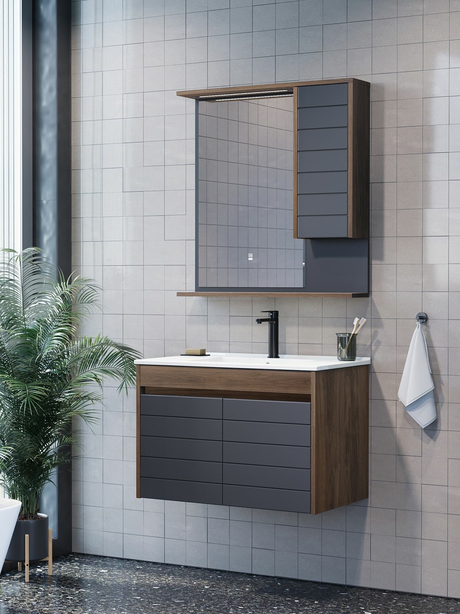 Подвесная тумба с раковиной 75 см в ванную Comforty Кемер-75 антрацит/дуб тёмно-коричневый