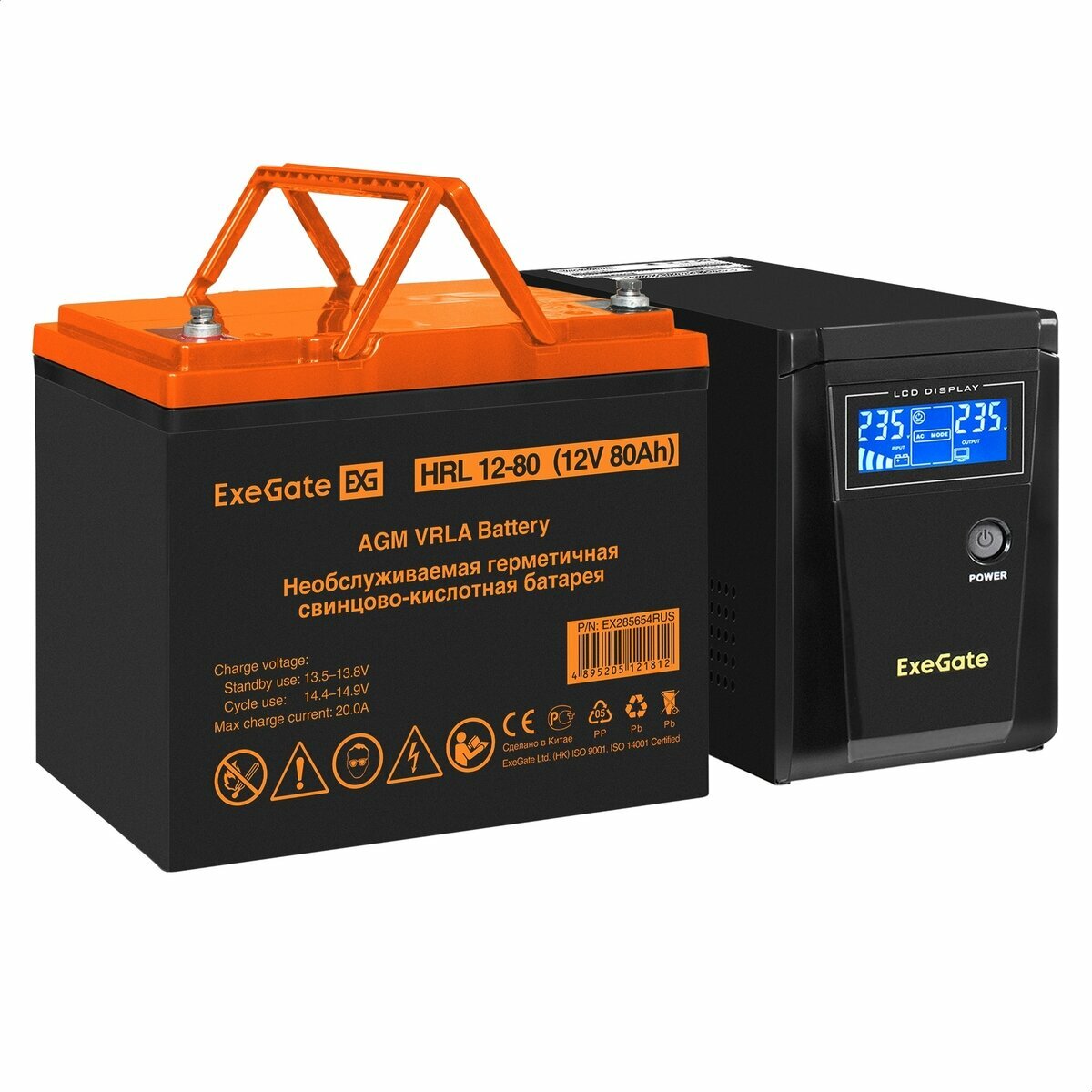 Комплект ИБП ExeGate SineTower SZ-600. LCD. AVR.1SH (EX296779RUS) EX295986RUS + батарея EX285654RUS 80Aч, черный