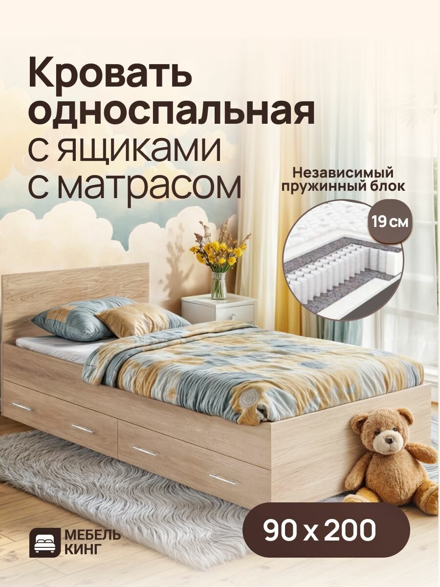 Односпальная кровать 90х200 Амелина с ящиками с ортопедическим матрасом, независимый пружинный блок, высота 19 см, дуб сонома