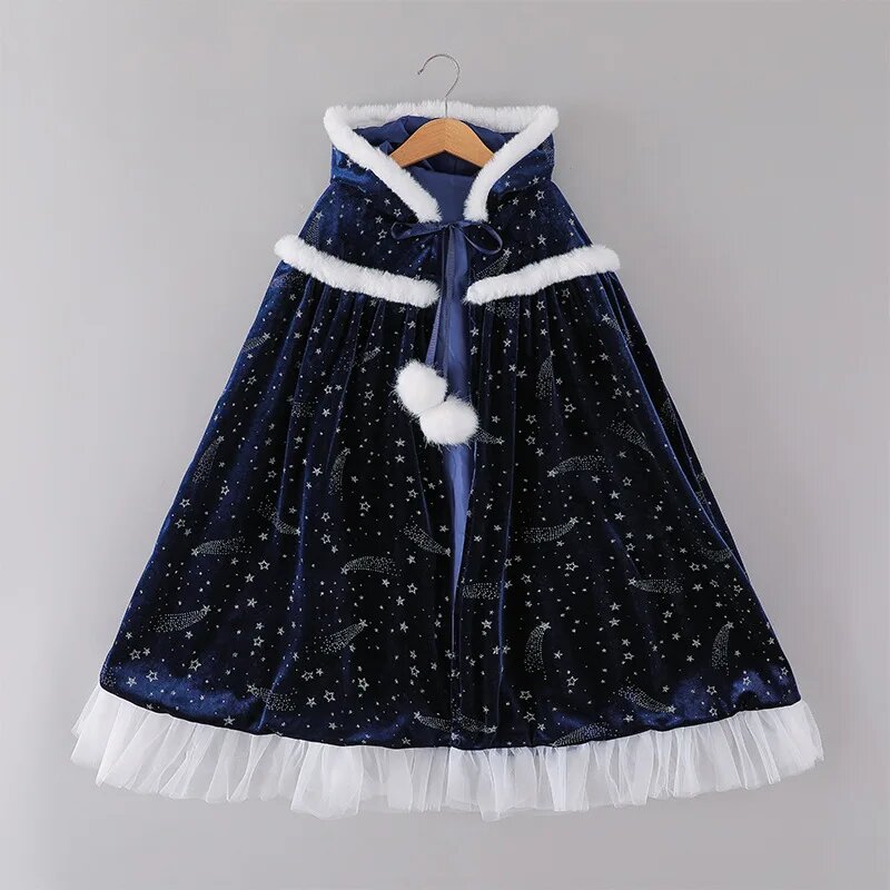 Темно-синяя бархатная детская накидка с капюшоном Эльза Анна, косплей, плащ для рождественской вечеринки, костюм для девочек, плащ с капюшоном для празднования дня рождения