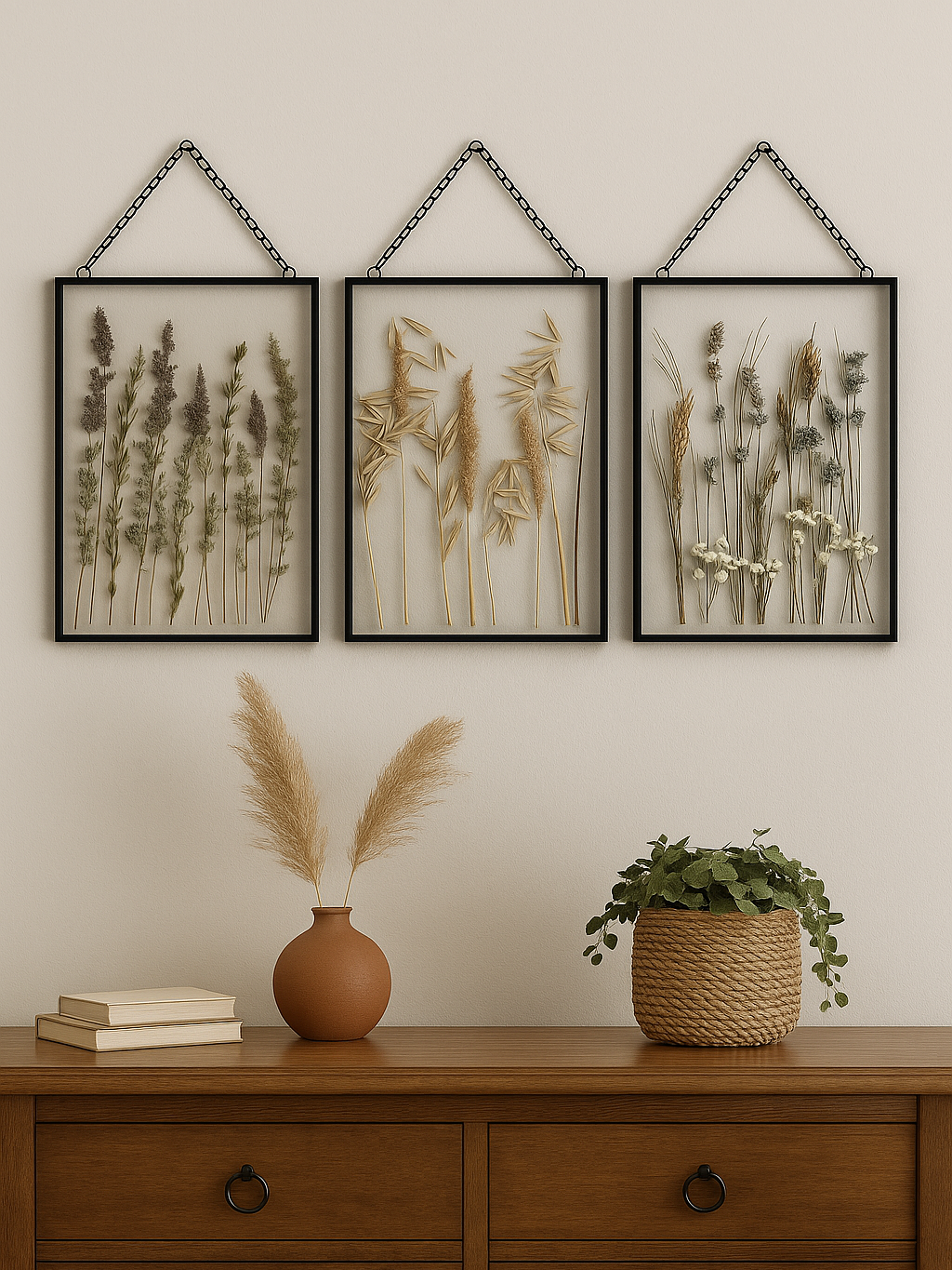 Набор панно с сухоцветами в чёрной раме стеклянный гербарий 3 штуки, интерьерный декор, ручная работа