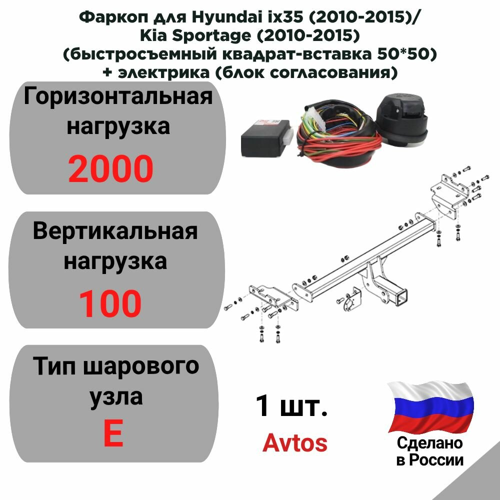Фаркоп для Hyundai ix35 (2010-2015); Kia Sportage (2010-2015) (быстросъемный квадрат-вставка 50*50)+электрика "Avtos" HY22B