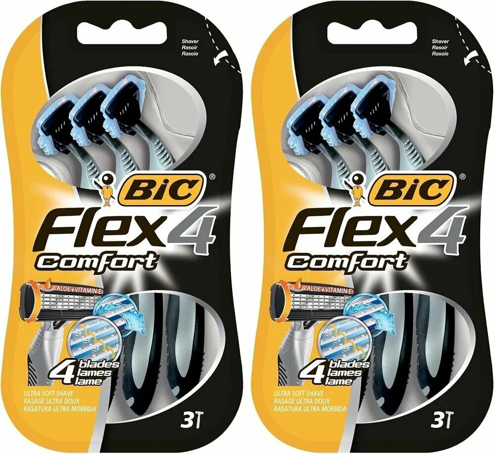 Мужская бритва BIC Flex 4, 3-секционный блистер (4 лезвия), 4 независимо движущихся лезвия, подвижная головка, увлажняющая гелевая полоска с алоэ вера, упаковка 2 шт.