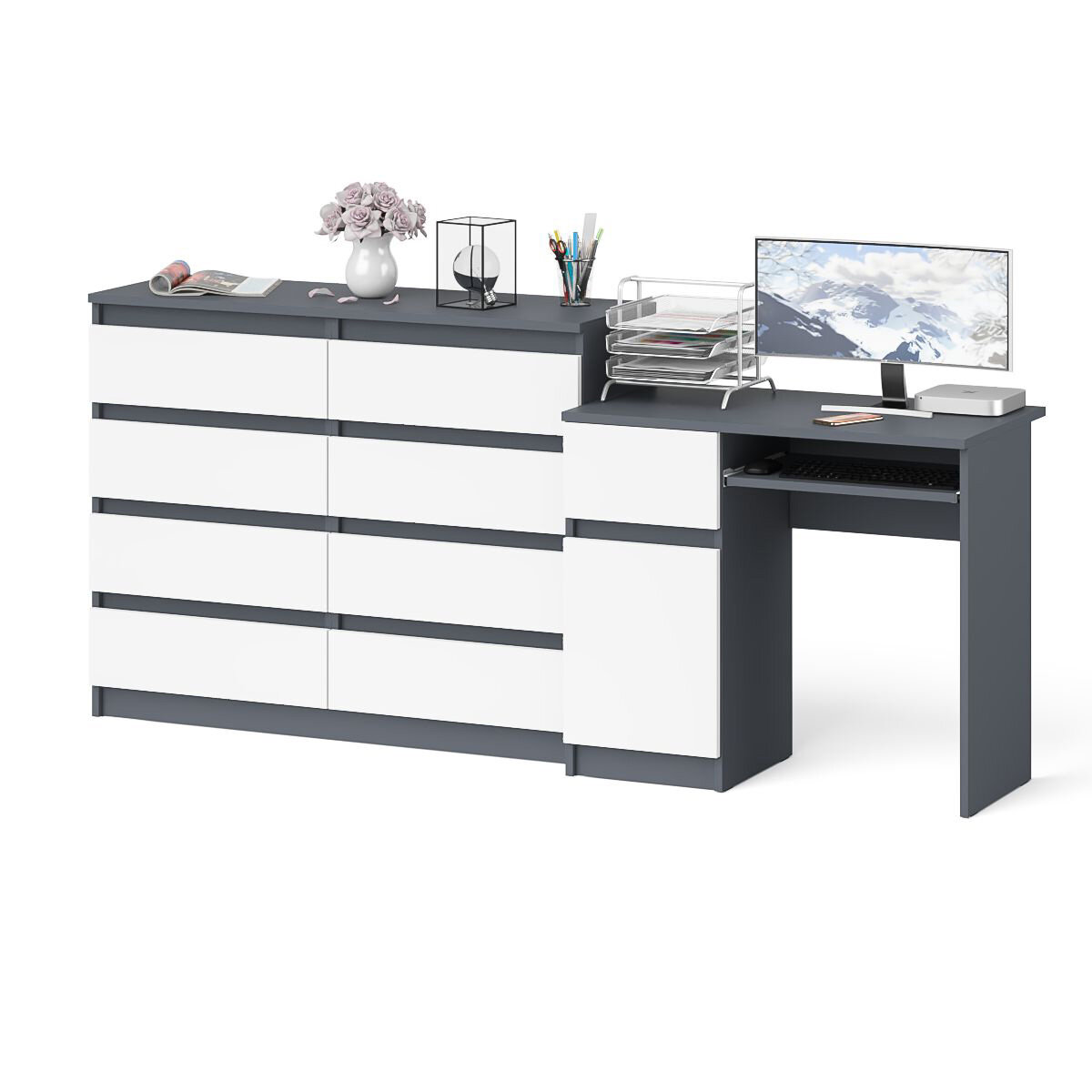 Комод на восемь ящиков СВК Мори 1200.8 и левый компьютерный стол цвет графит/белый, 210,4х50х94 см.
