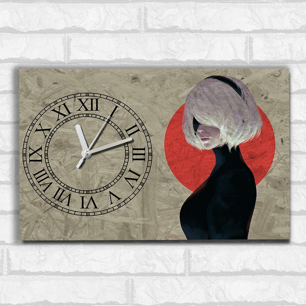 Настенные бесшумные часы ОСБ со смещенным циферблатом игры nier automata (2B, туби, девушка) - 2226